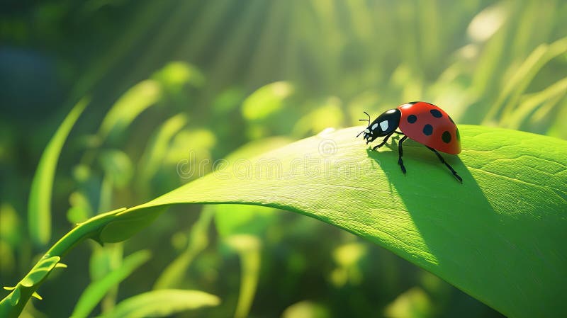 Ladybug Crawling on a Green Leaf from a Cucumber Stock Image - Image of ...