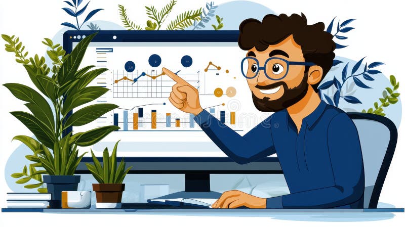 Male Analyst Presenting Data Insights with Graphs and Plants in a ...