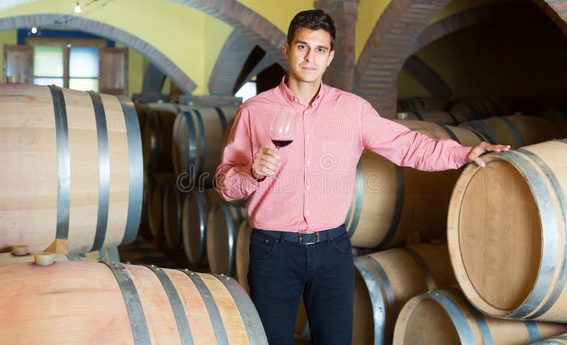Cheerful Male Owner of Winery Standing with Wine Stock Image - Image of ...