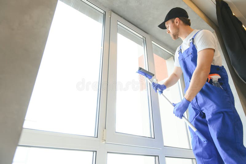 Cheerful Male Person Cleaning Window Stock Photo - Image of cleaner ...