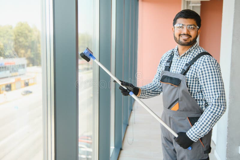 Cheerful Male Person Cleaning Window Stock Image - Image of domestic ...