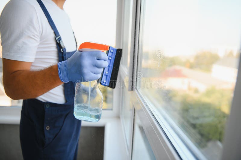 Cheerful Male Person Cleaning Window Stock Image - Image of ...