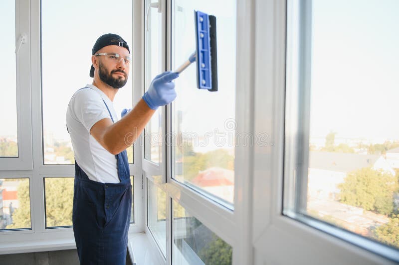 Cheerful Male Person Cleaning Window Stock Image - Image of clean ...