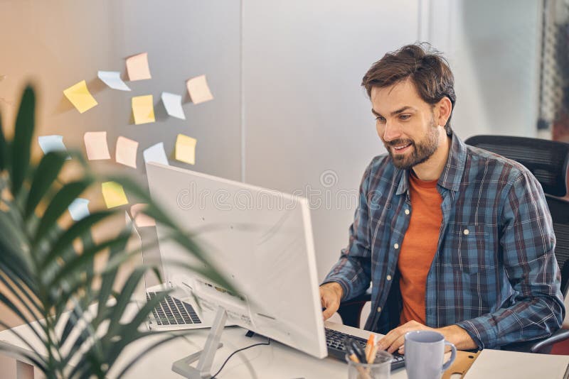 Cheerful Male Worker Using Computer at Work Stock Image - Image of ...