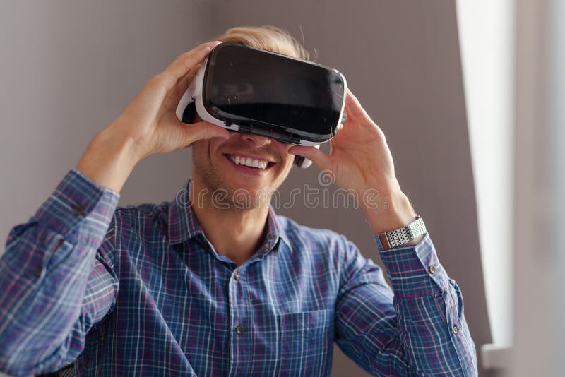 Man Wearing VR Headset Touching Screen Stock Photo - Image of computer ...