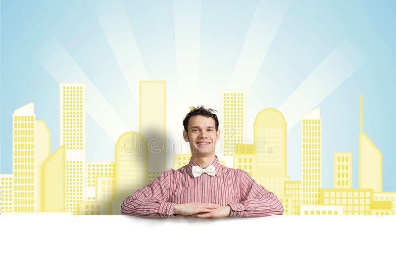 Cheerful man with banner stock image. Image of enjoy - 143250911