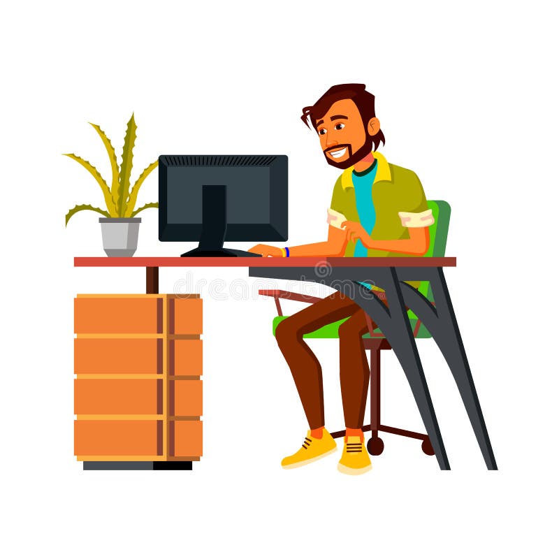 Cheerful Man Browsing on Computer Cartoon Vector Stock Vector ...