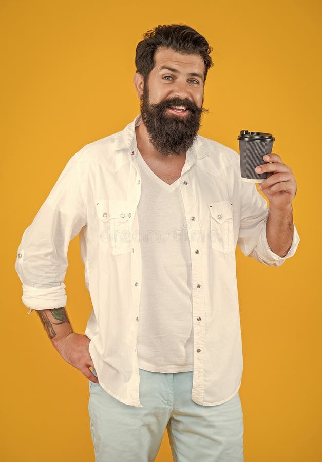 Cheerful Man Has Coffee Break in Studio. Man Has Coffee Break on ...