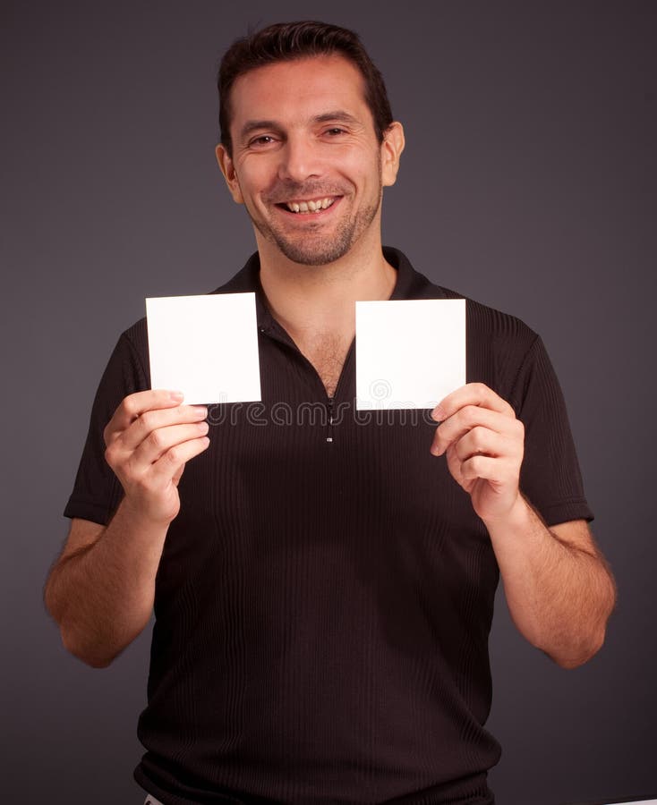 Cheerful Man Holding Two Blank Cards Stock Photo - Image of showing ...