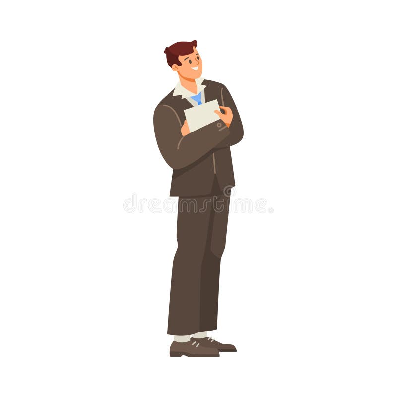 Cheerful Man Office Worker Standing with Paper Document and Smiling ...