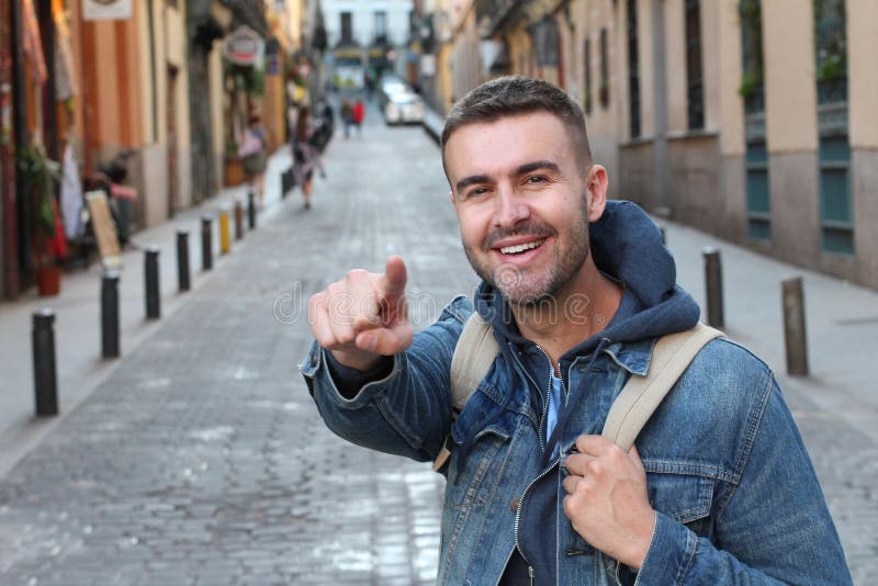 Cheerful Man Pointing at Camera Outdoors Stock Photo - Image of ...