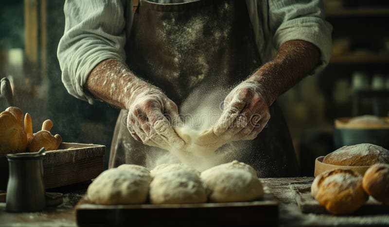 Happy Man Dusting Flour on Dough with Kitchen Utensils in Background ...