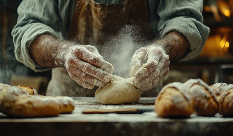 Happy Man Dusting Flour on Dough with Kitchen Utensils in Background ...