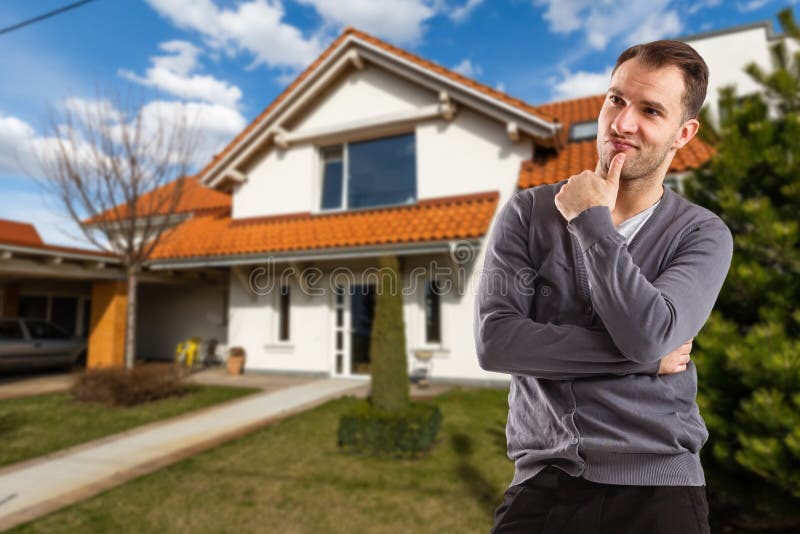 Cheerful Man Standing in Front of New House Stock Image - Image of ... Cheerful Man Standing in Front of New House Stock Image - Image of ...
