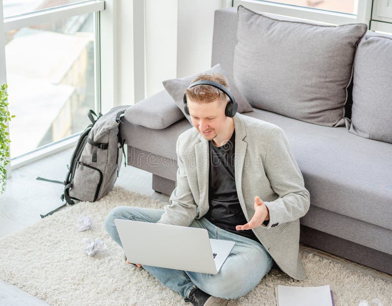 Cheerful Man Talking Online on Computer Stock Photo - Image of health ...