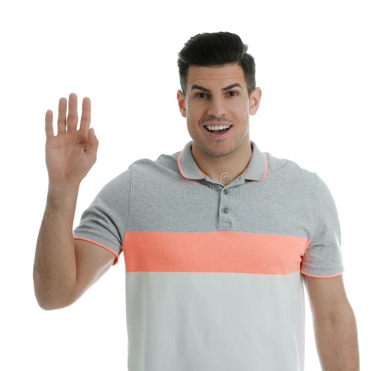 Cheerful Man Waving To Say Hello on White Background Stock Image ...