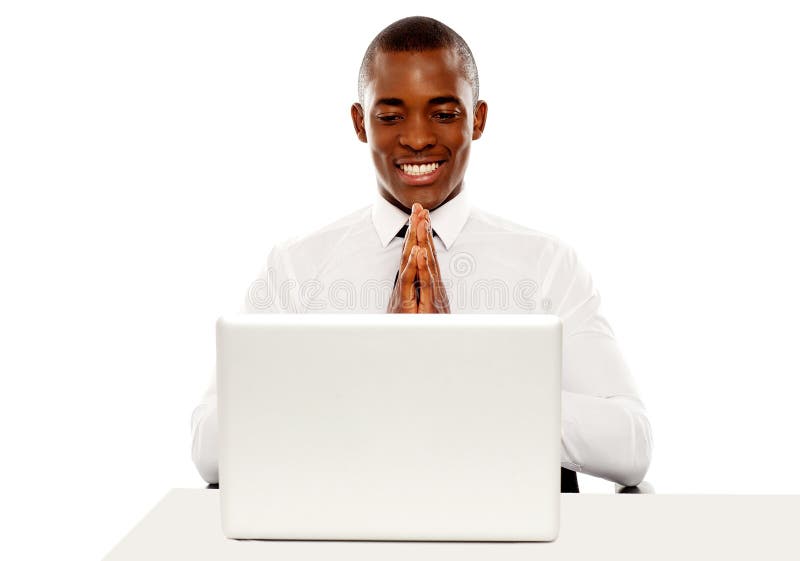 Cheerful Manager Looking at Laptop Screen Stock Photo - Image of male ...