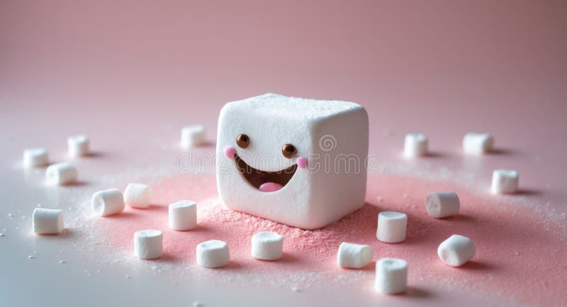 Cheerful Marshmallow with a Smiling Face on a Soft Pink Surface ...
