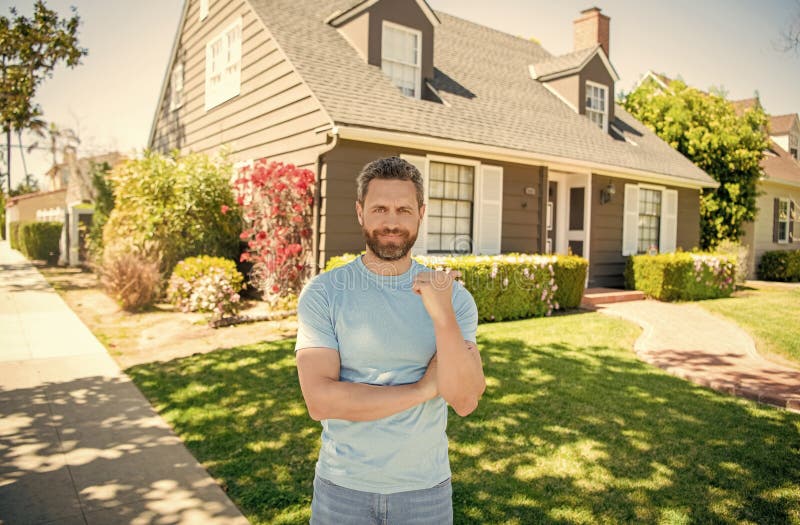 Cheerful Mature Man Pointing Finger on House, Owner Stock Image - Image ...