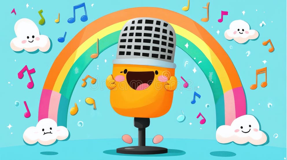 Cheerful Microphone Cartoon with Rainbow, Clouds, and Musical Notes ...