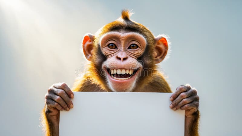 Cheerful Monkey Holding Blank Sign with Big Smile and Happy Expression ...