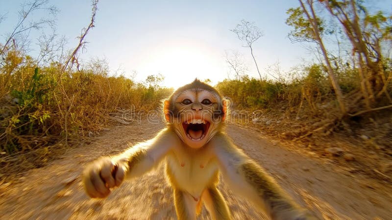 Cheerful Monkey Selfie in Sunlit Forest Path Captures Pure Joy and ...