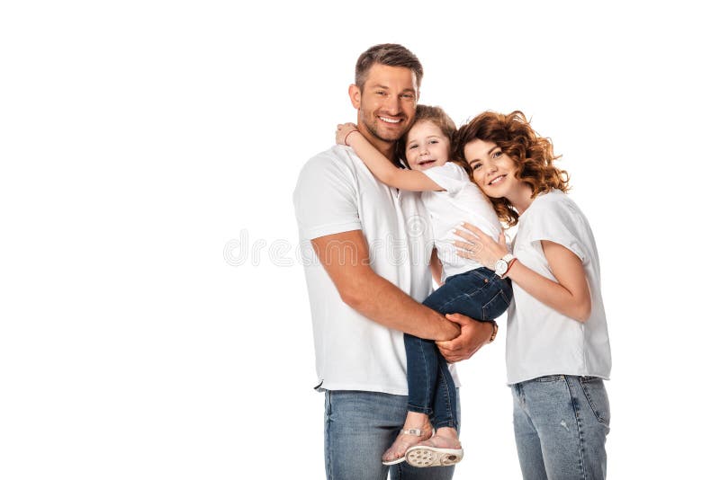 Cheerful Mother and Daughter Hugging Man Stock Image - Image of ...