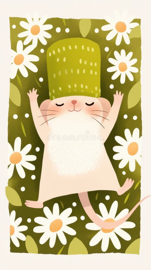 Cheerful Mouse Wearing Green Hat is Dancing among Daisies Stock ...