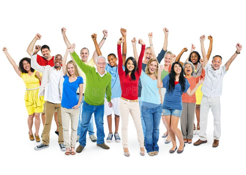 Cheerful Multi-Ethnic Group of People with Their Arms Raised Stock ...