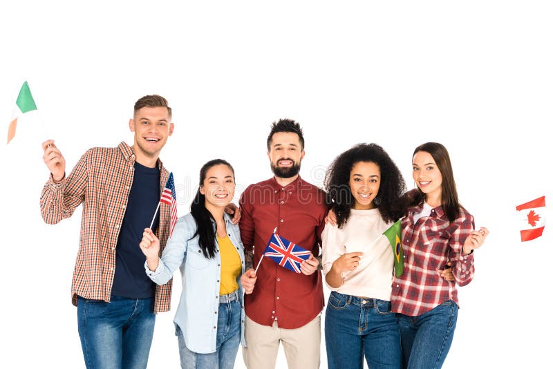 Cheerful Multicultural Group of People Smiling with Flags of Different ...