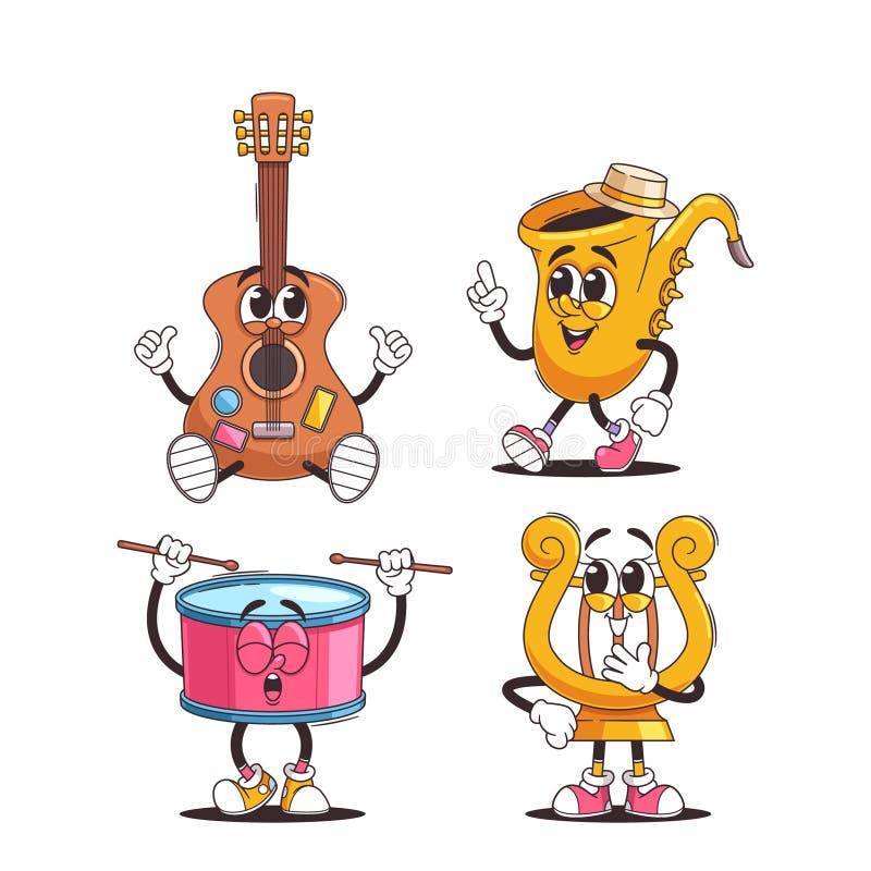 Cheerful Musical Instruments Cartoon Characters with Expressive Faces ...