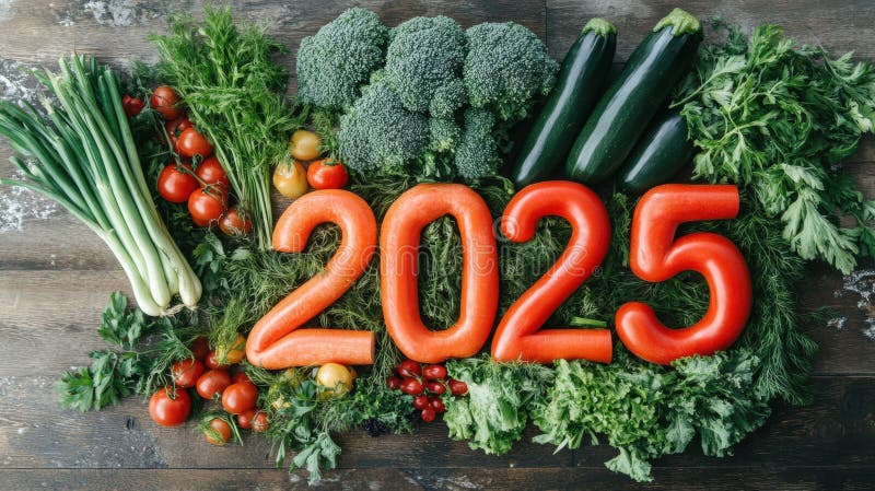 A Cheerful New Year 2025 Theme with Vegetables Forming the Numbers Stock Illustration ...