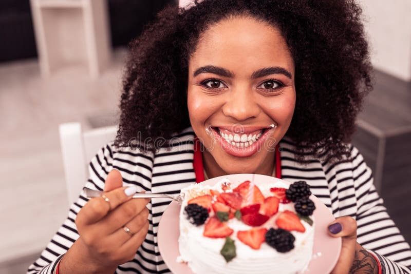 Cheerful Nice Woman Offering You a Cake Stock Photo - Image of ...
