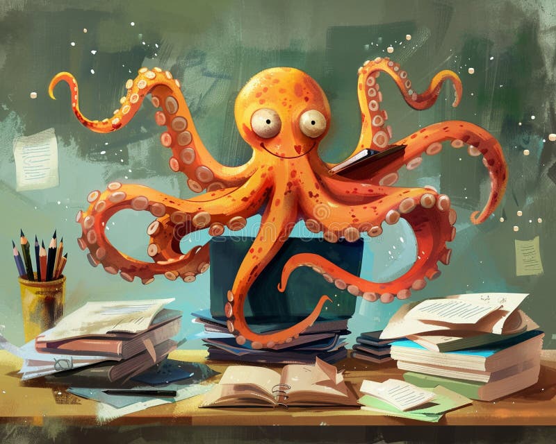 Cheerful Octopus in a Bustling Office Setting Seamlessly Juggling Tasks ...
