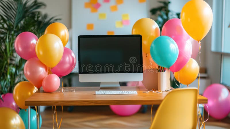 Cheerful Office Desk Setup with Colorful Balloons, Computer, and Sticky ...