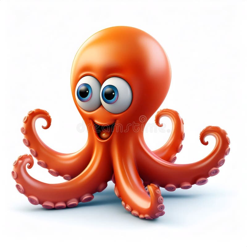 Cheerful Orange Cartoon Octopus Waving Tentacles, Rendered in Bright 3D ...