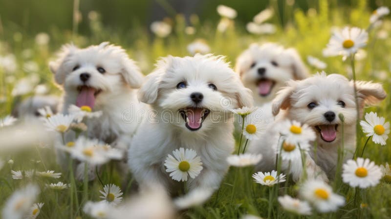 Cheerful Pack of Puppies Running Together Joyfully through a Meadow. AI ...