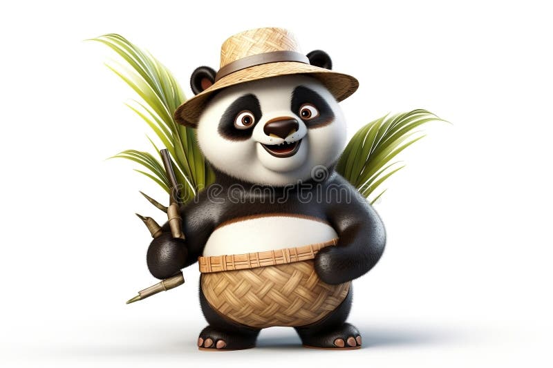 Cheerful Panda Cartoon Character with 3D Effects and Bamboo Hat on ...