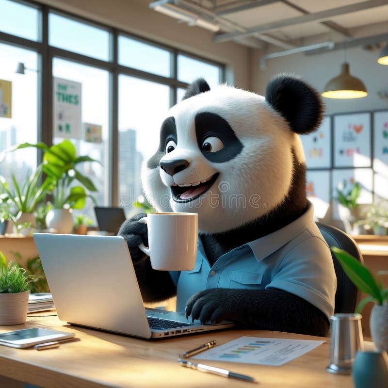 Smiling Panda Working on Laptop and Drinking Coffee in Modern Office ...