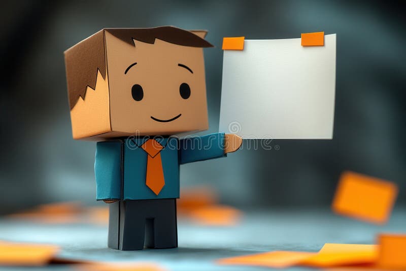 Cheerful Paper Character Holds Blank Note in a Creative Workspace ...