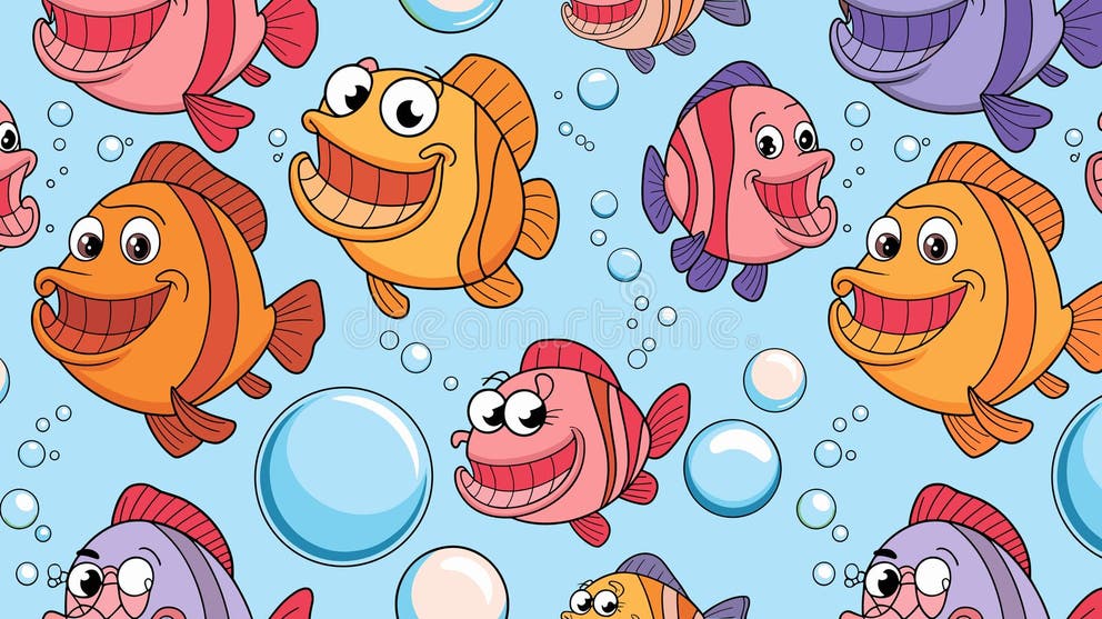 Cheerful Pattern of Cartoon Fish Blowing Bubbles. Stock Vector ...