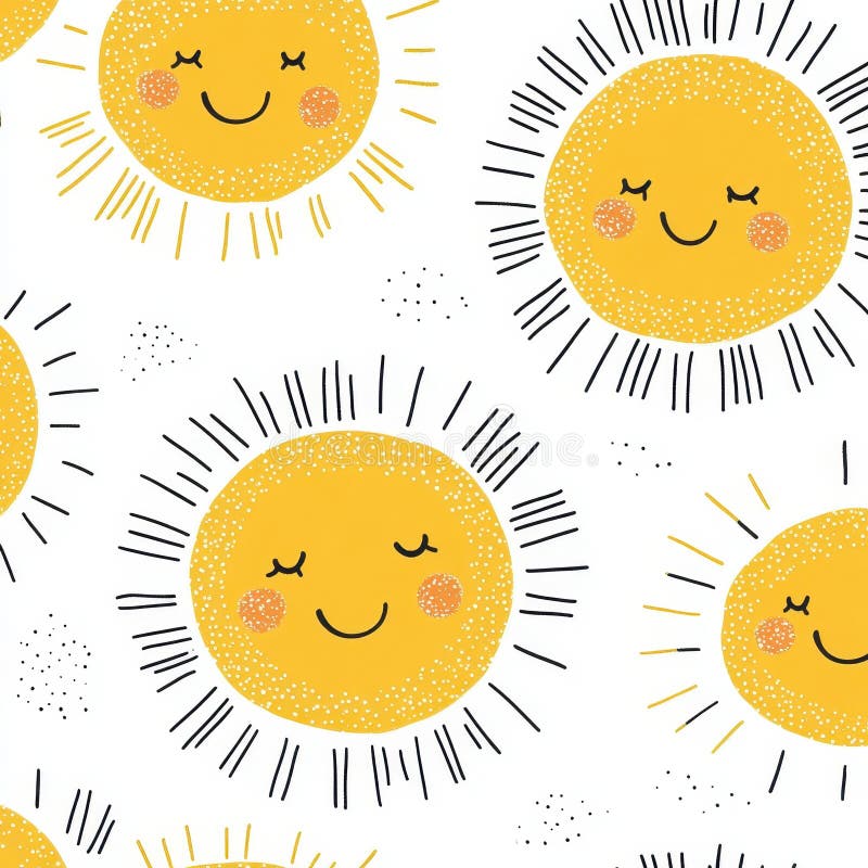 Bright Yellow Sun Smiling Pattern with Rays on a White Background Stock ...