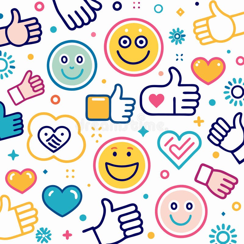 Cheerful Pattern with Thumbs Up, Smiley Faces, and Hearts Stock Vector ...