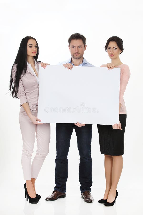 Cheerful People Holding Copy Space and Smiling at Camera while Isolated ...