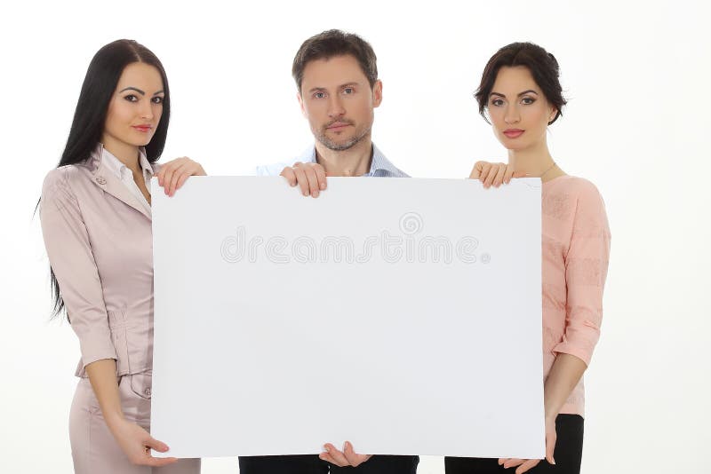 Cheerful People Holding Copy Space and Smiling at Camera while Isolated ...
