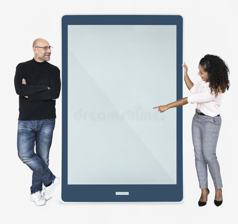 Cheerful People Pointing at a Tablet Screen Stock Photo - Image of ...