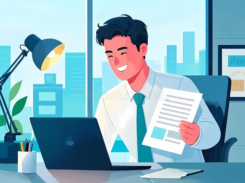 Smiling Professional Working on Laptop and Document in Bright Office ...