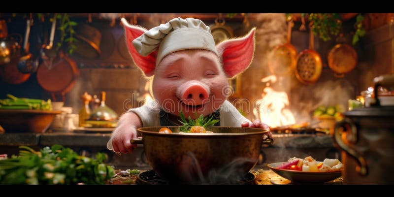 Cheerful Pig Chef Cooking in Rustic Kitchen Stock Image - Image of ...