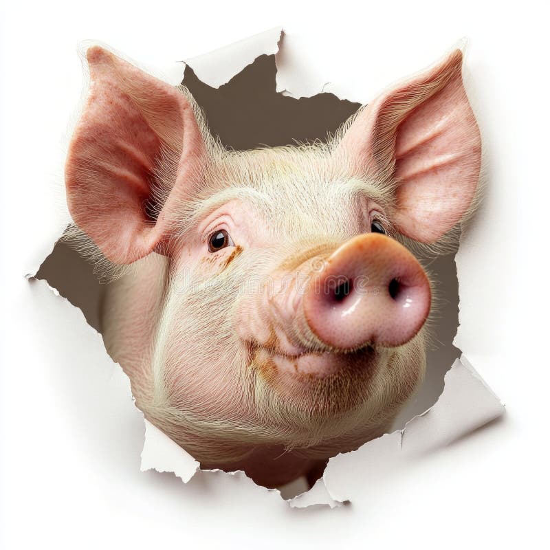 A Cheerful Pig Peeks through a Torn Wall. Its Expressive Face Adds ...