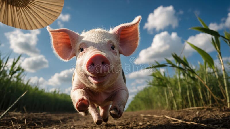 Adorable Piglet Running Towards Camera in Sunny Field Stock ...